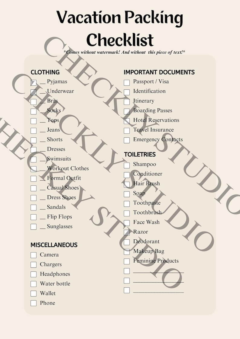 Vacation Packing List Printable | Travel Checklist PDF for Women ...