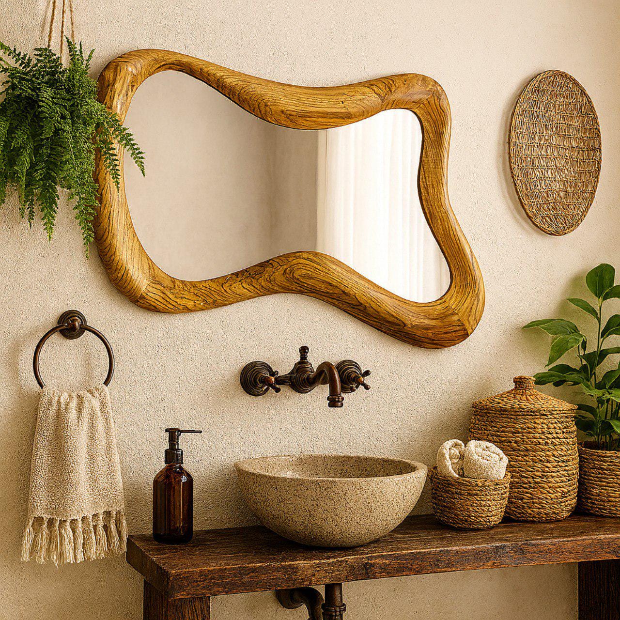 Asymmetrical Wood Framed Mirror, Modern Natural Home Decor, Irregular ...