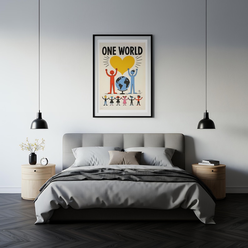 Keith Haring Style One World Unity Poster Colorful Pop Art Heart Wall ...