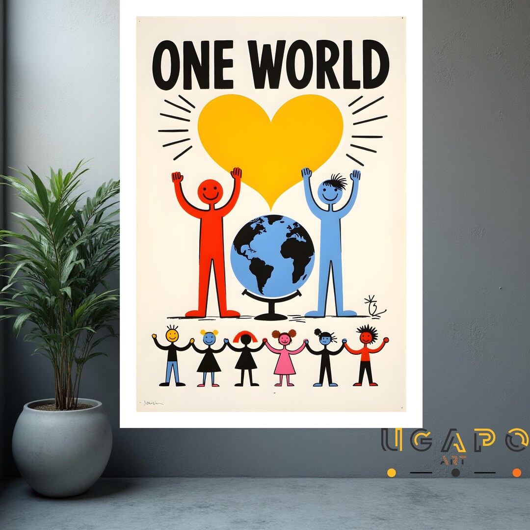 Keith Haring Style One World Unity Poster Colorful Pop Art Heart Wall ...