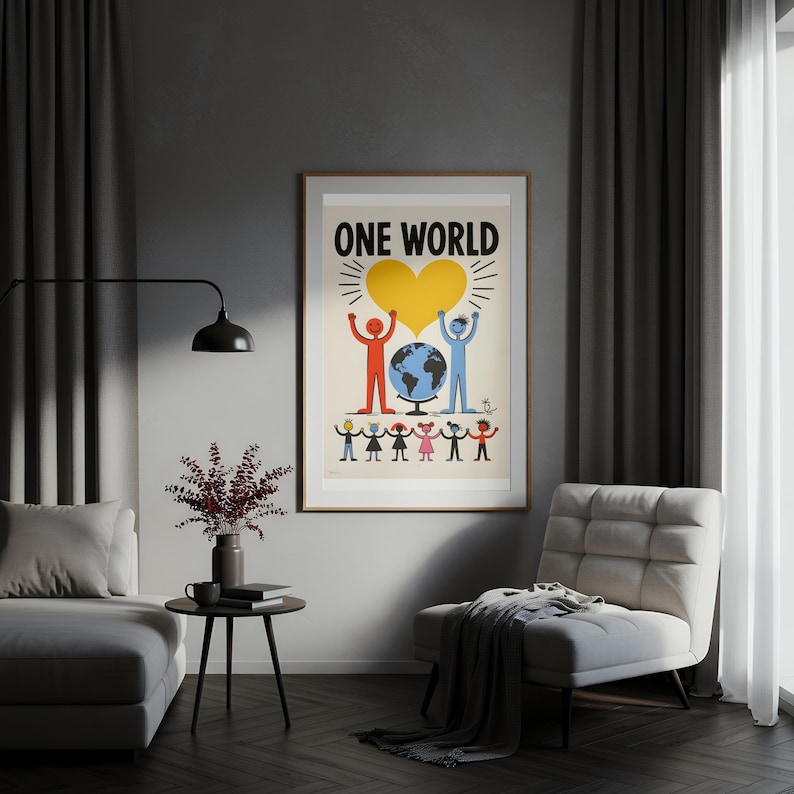 Keith Haring Style One World Unity Poster Colorful Pop Art Heart Wall ...