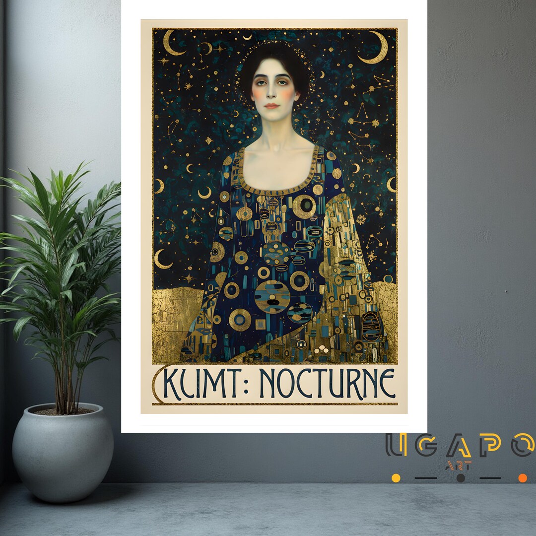 Gustav Klimt Print Inspired, Nocturne Celestial Woman Gold Leaf Poster ...