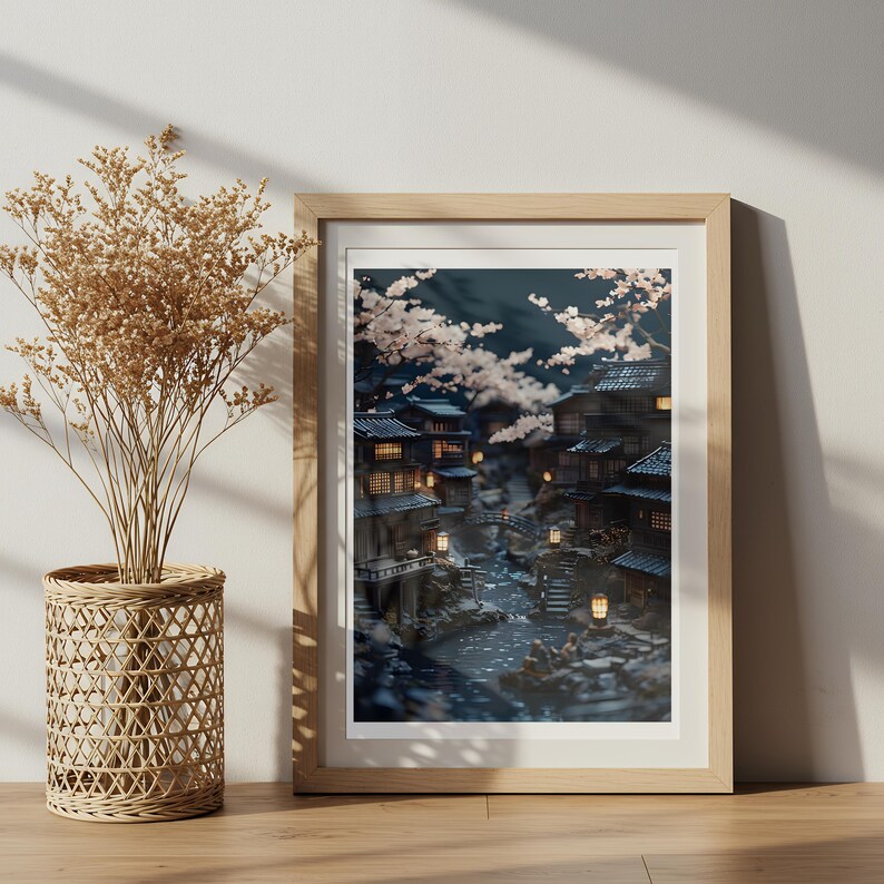 Japanese Village Night Landscape Art Print Cherry Blossom River Scene ...