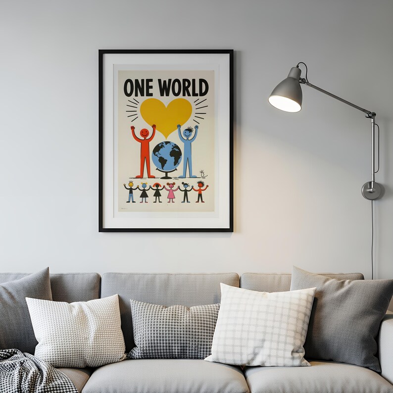 Keith Haring Style One World Unity Poster Colorful Pop Art Heart Wall ...