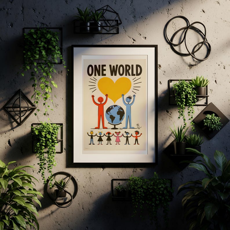 Keith Haring Style One World Unity Poster Colorful Pop Art Heart Wall ...