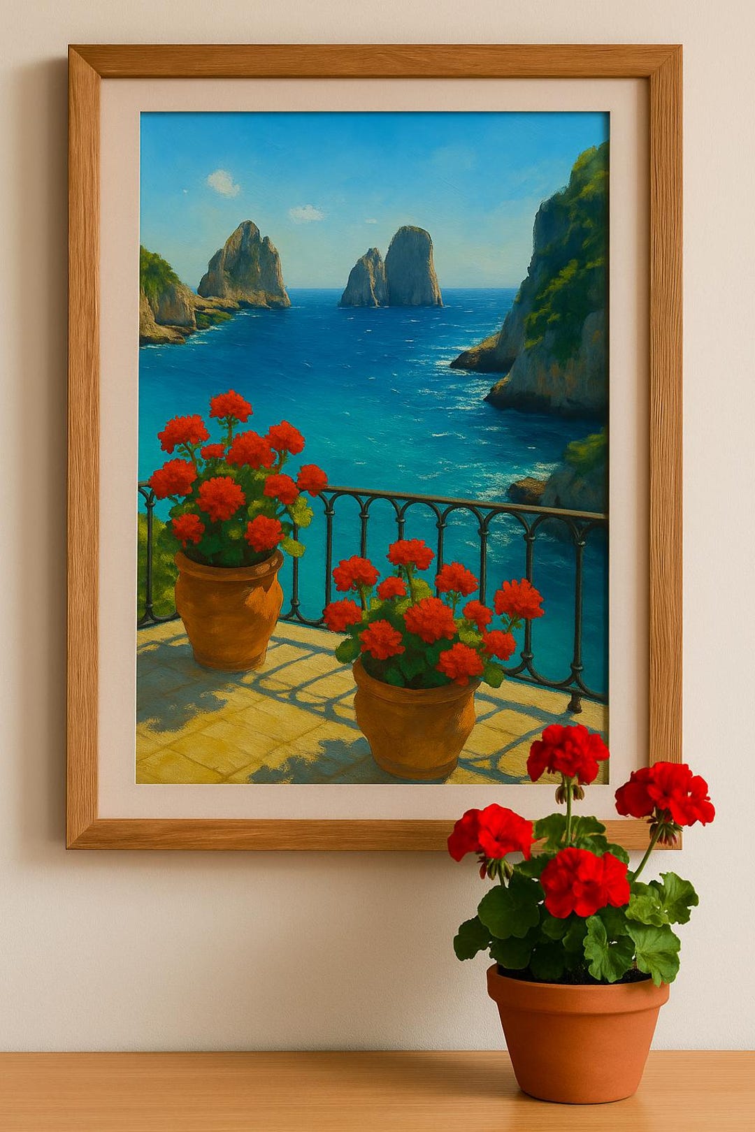 Capri Coastal Balcony Printable, Italian Seaside Geranium Art, Summer ...