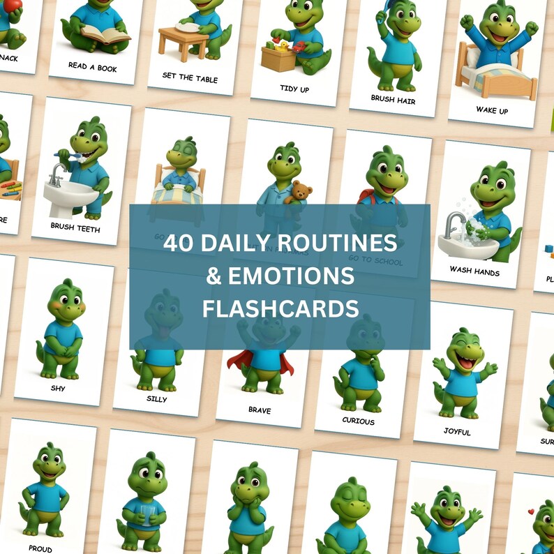Dinosaur Daily Routine Emotions Flashcards Bundle 40 Printable ...