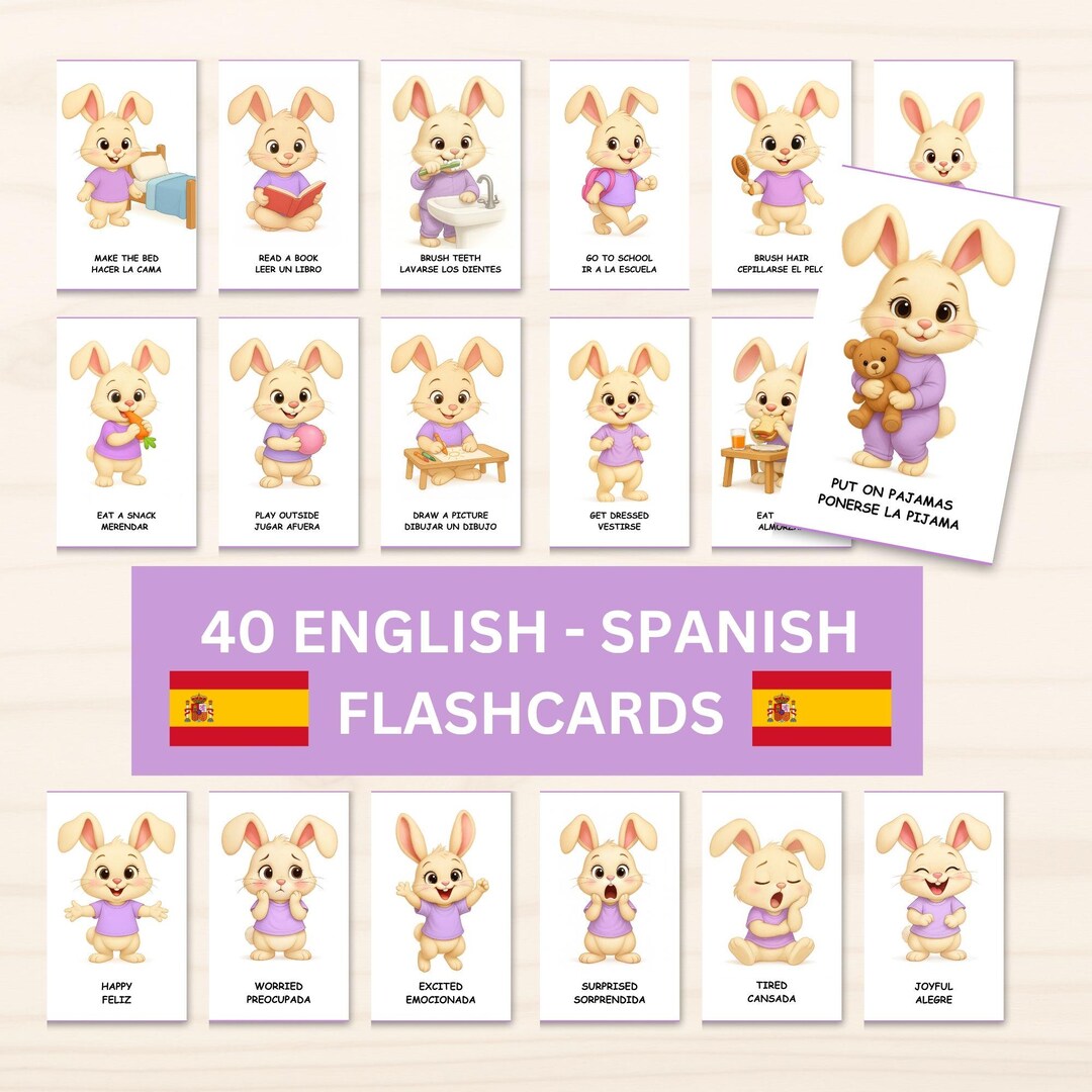 English Spanish Daily Routine Bilingual Flashcards for Toddlers Bunny ...