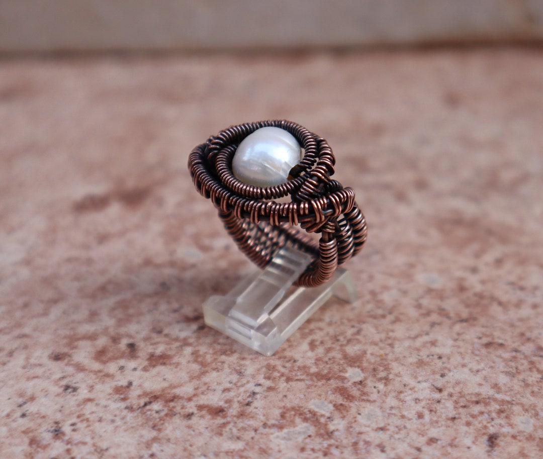 Copper Pearl Wire Wrapped Ring, Vintage Copper Pearl Ring, White Pearl ...