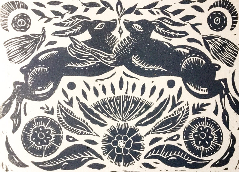Leaping Hares Folk Lino Print grey - Etsy UK