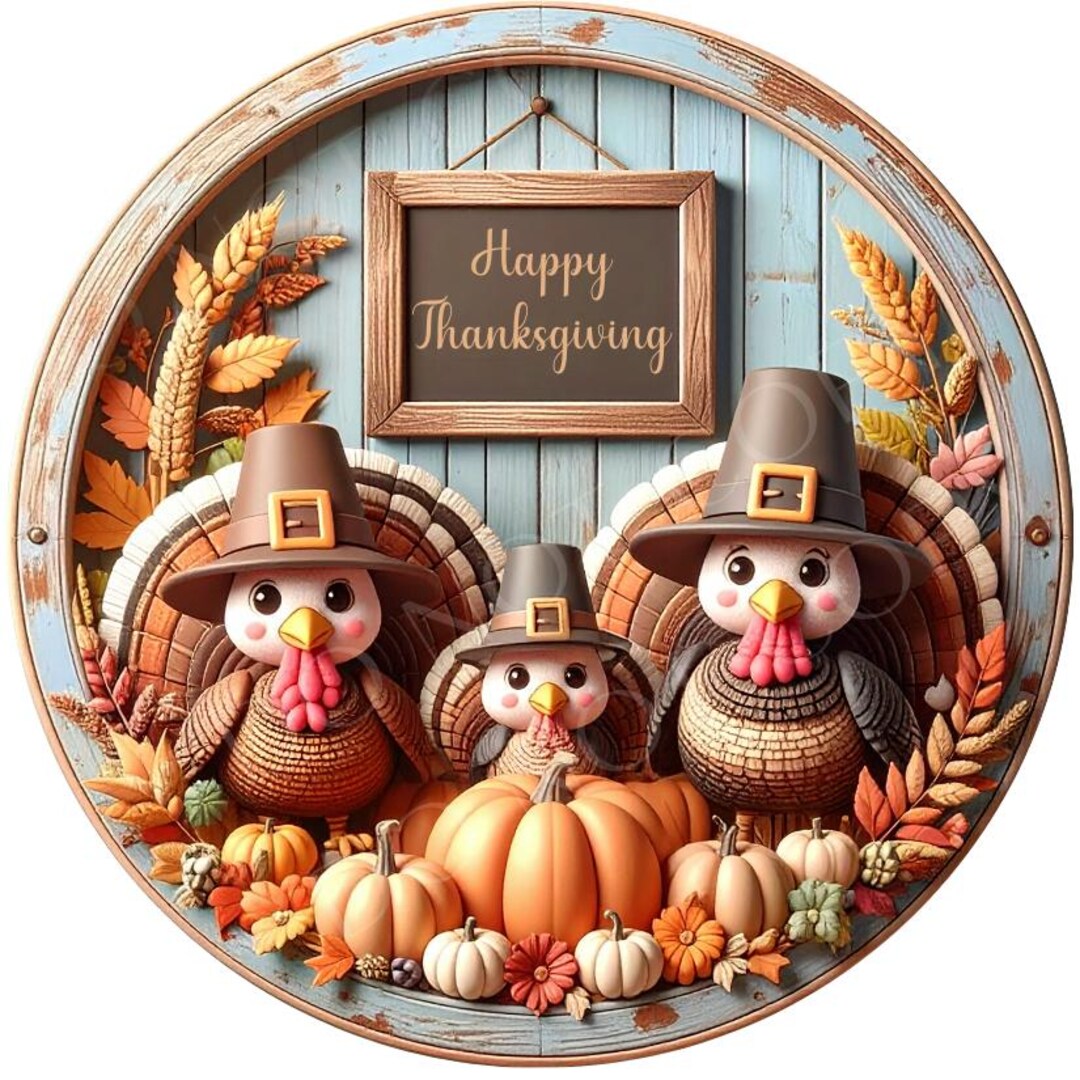 Happy Thanksgiving Turkeys Wreath Sign, Round Metal Sign for Wreaths ...