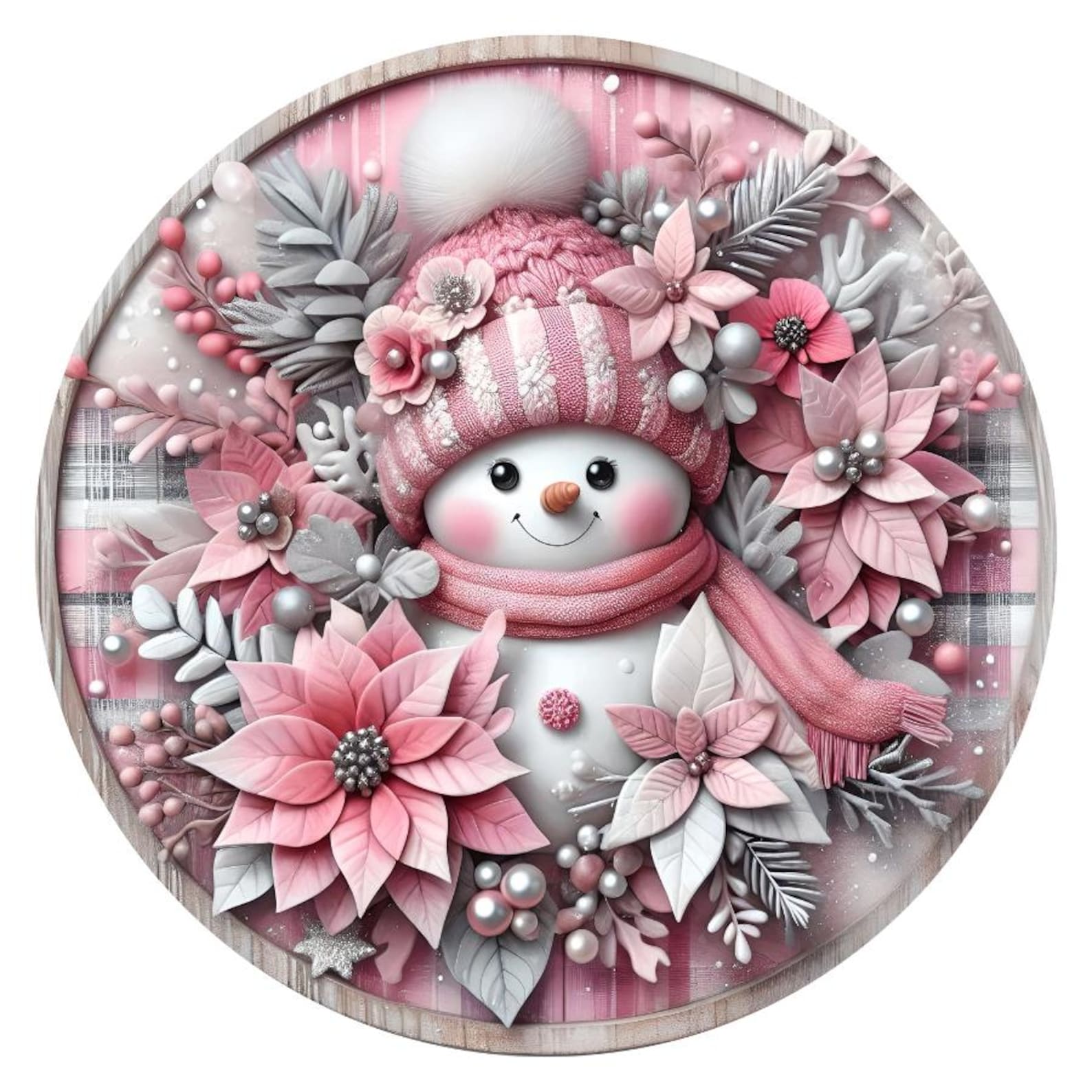 Pink Floral Snowman Wreath Sign, Round Metal Sign for Wreaths, Wreath ...