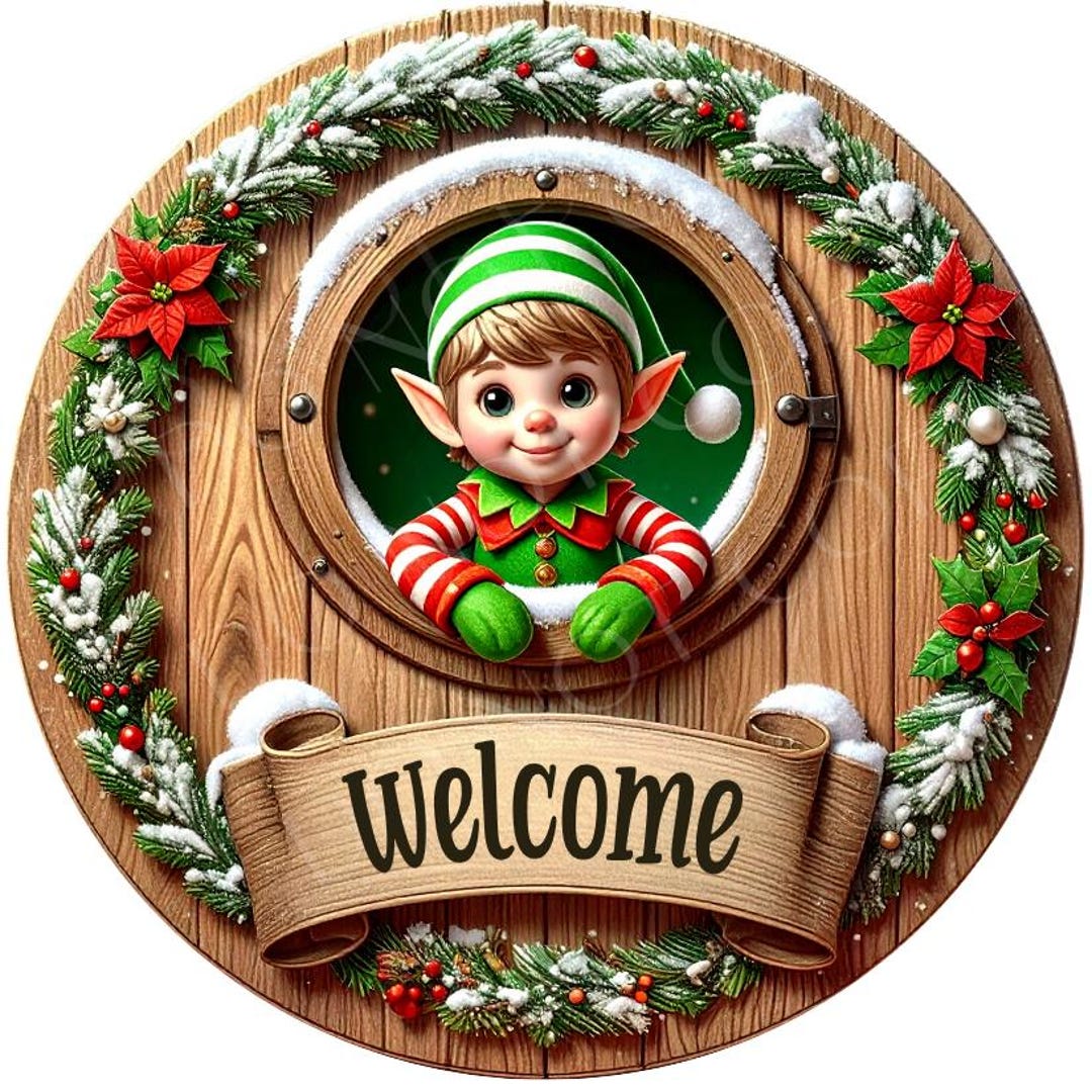 Elf Welcome Christmas Wreath Sign, Round Metal Sign for Wreaths, Elf ...
