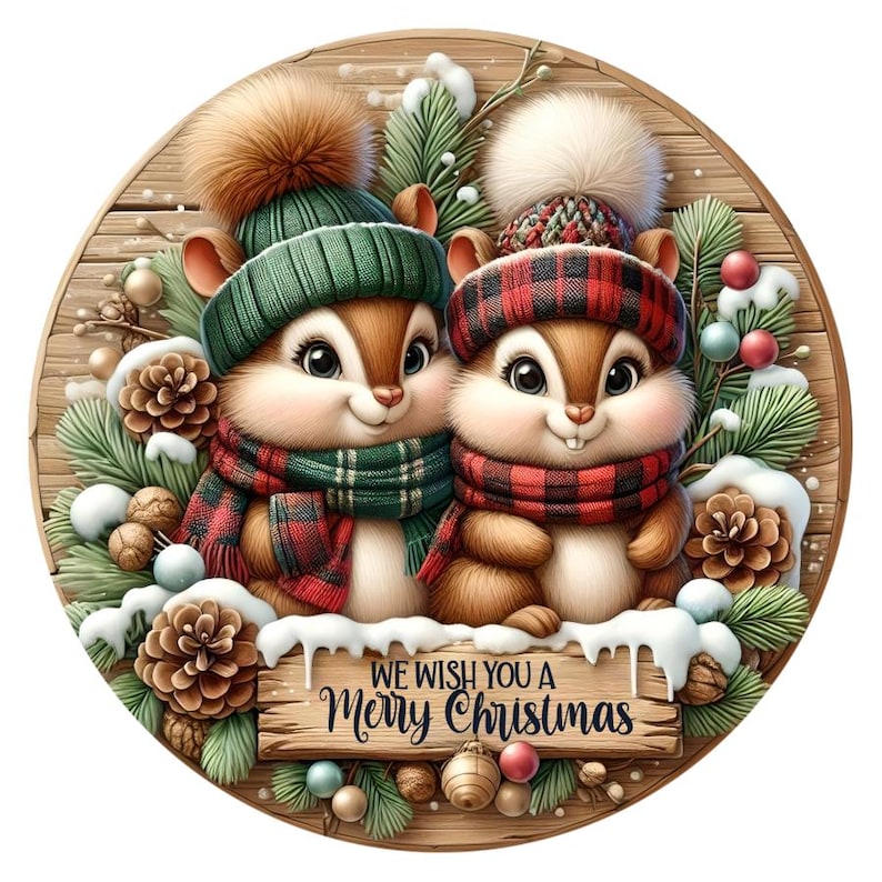 We Wish You A Merry Christmas Chipmunks Wreath Sign, Round Metal Sign ...