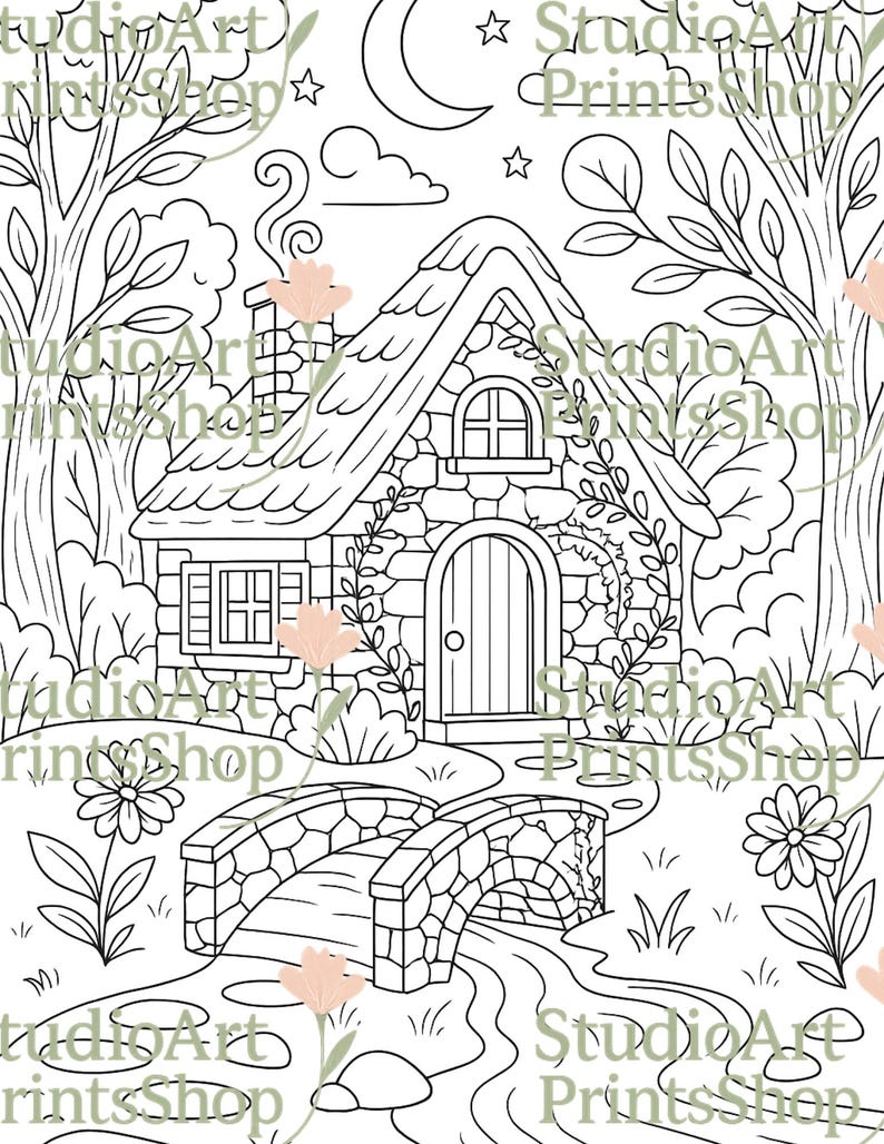 Stone Cottage Coloring Page | Printable Enchanted Forest House With ...
