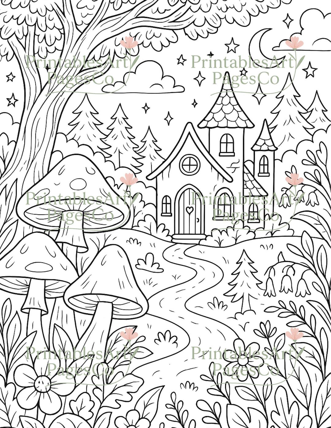 Magical Forest Coloring Page | Printable Fantasy Woodland Scene | Adult ...