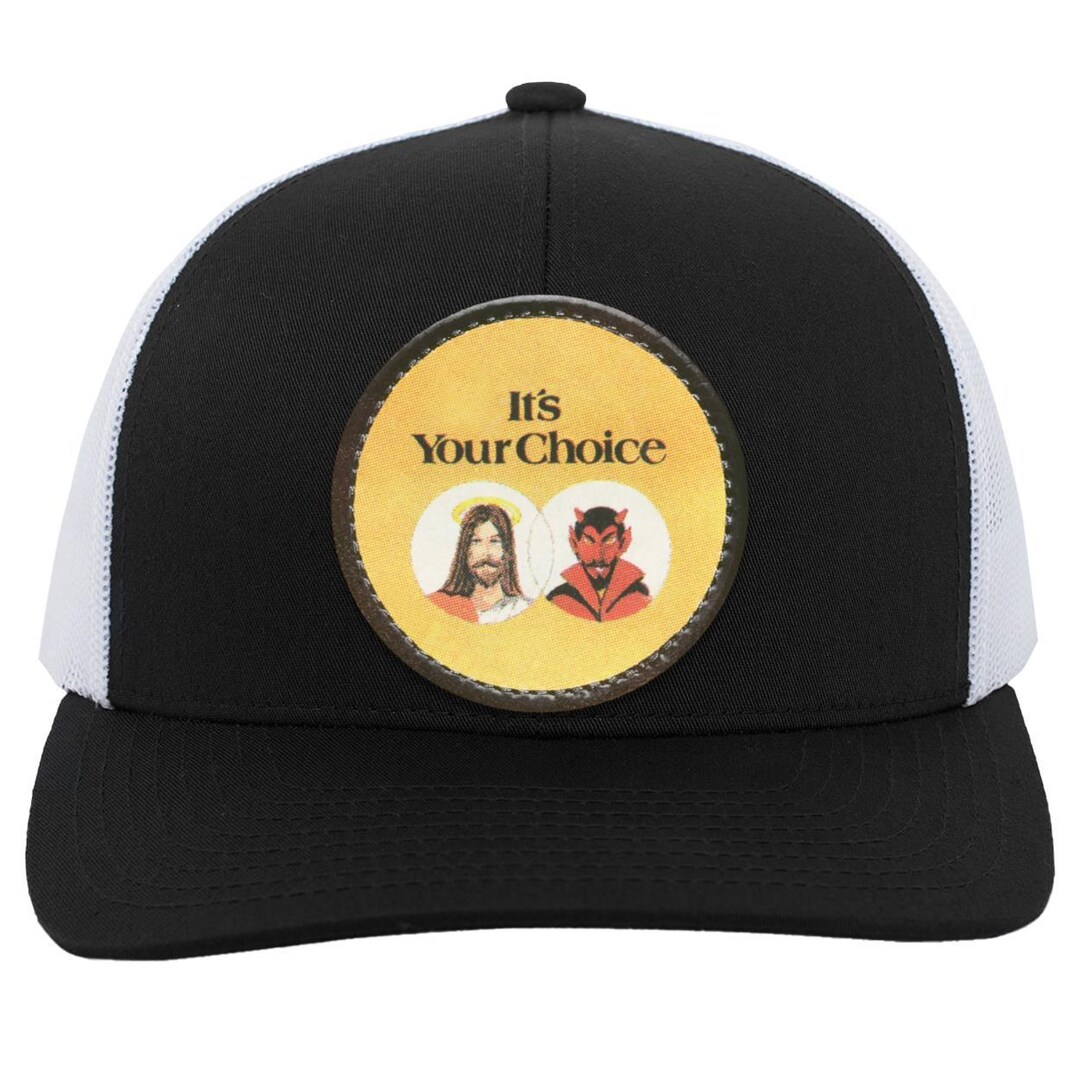 80s Moral Dilemma Graphic Trucker Snap Back Hat | Vintage Jesus & Devil ...