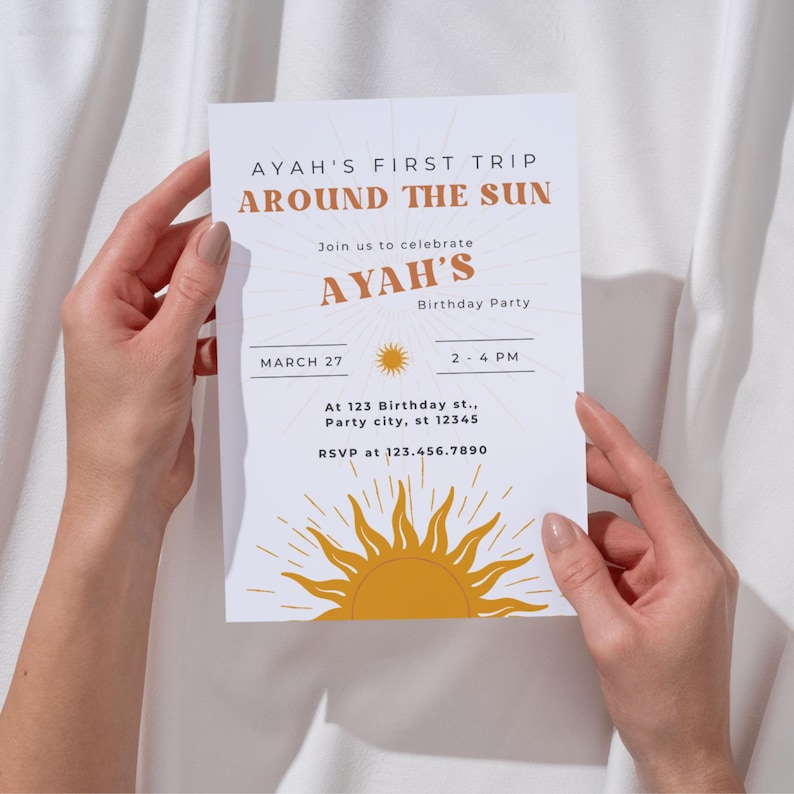 Editable First Trip Around the Sun Birthday Invitation, Retro Girl 1st ...