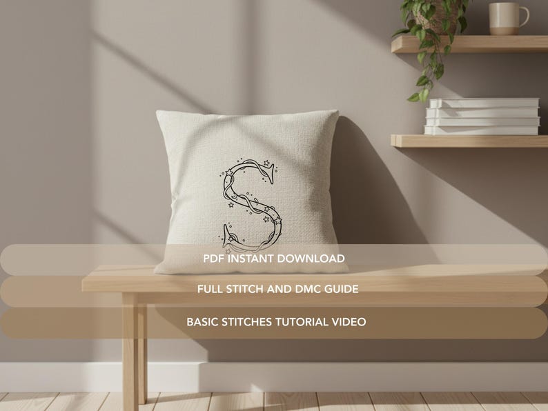 Celestial Letter S Embroidery Pattern | Moon and Stars Alphabet Hand ...