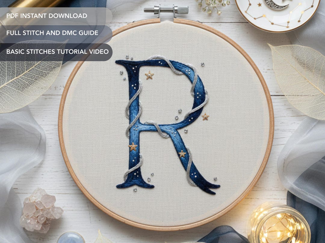 Celestial Letter R Embroidery Pattern | Moon and Stars Alphabet Hand ...