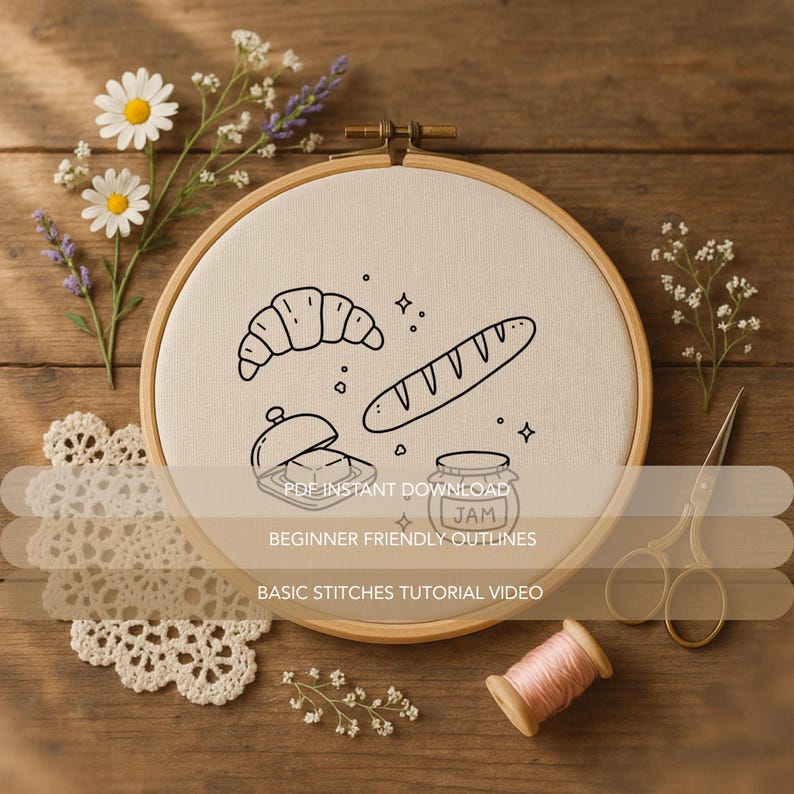 French Bakery Embroidery Pattern | Croissant Baguette Butter Hand ...