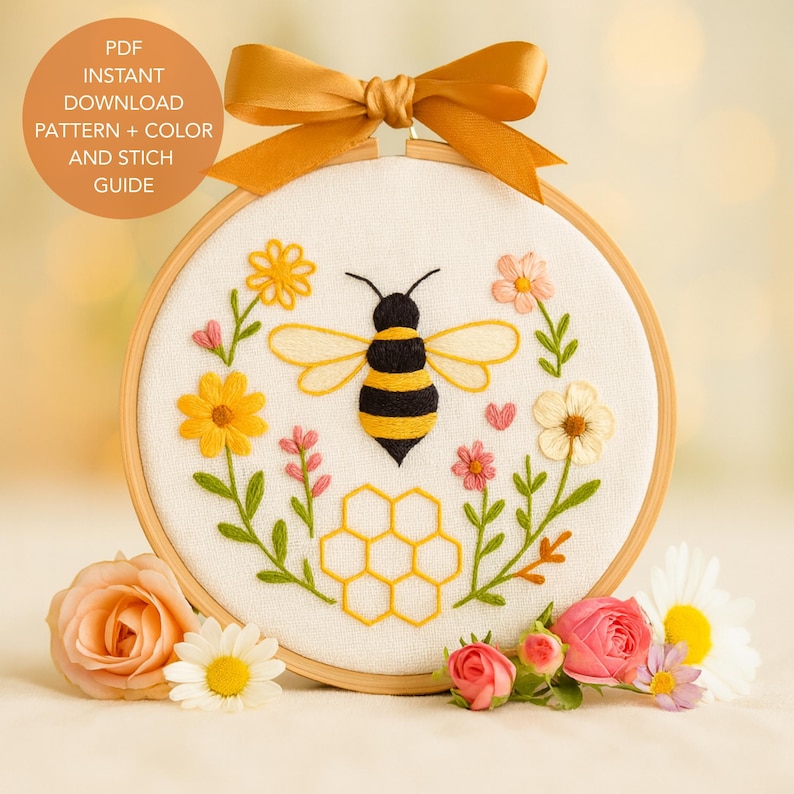 Bee Hand Embroidery Pattern: Flowers and Honeycomb Design - Beginner ...