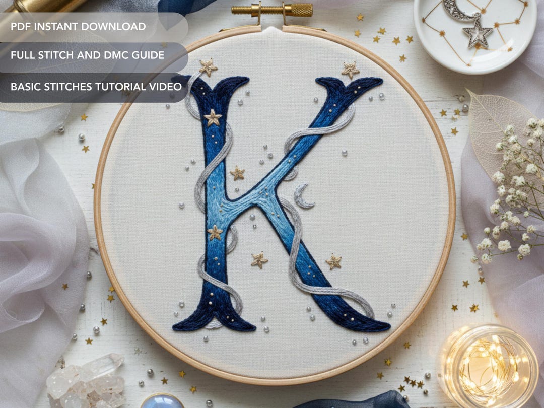 Celestial Letter K Embroidery Pattern | Moon and Stars Alphabet Hand ...