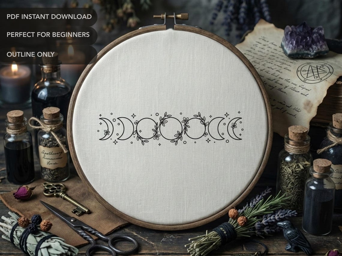 Moon Phases Embroidery Pattern | Floral Celestial Witchy Hand ...