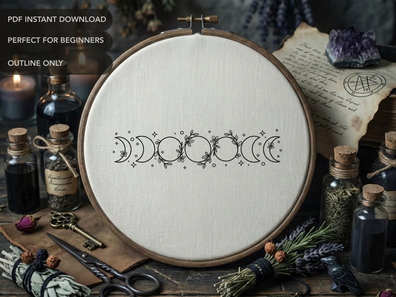Moon Phases Embroidery Pattern | Floral Celestial Witchy Hand ...