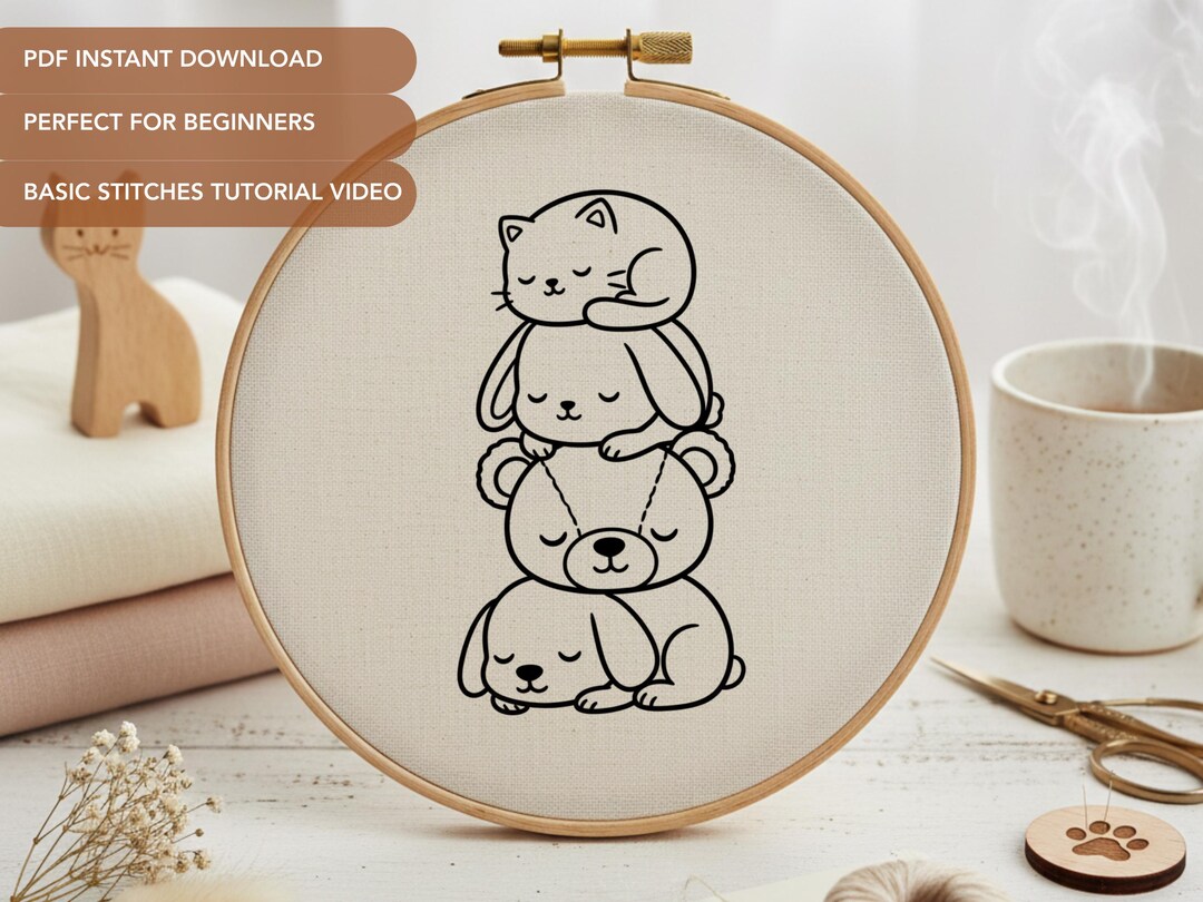 Sleeping Animal Stack Embroidery Pattern | Nursery Hand Embroidery ...
