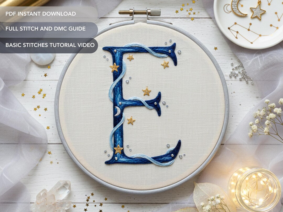 Celestial Letter E Embroidery Pattern | Moon and Stars Alphabet Hand ...