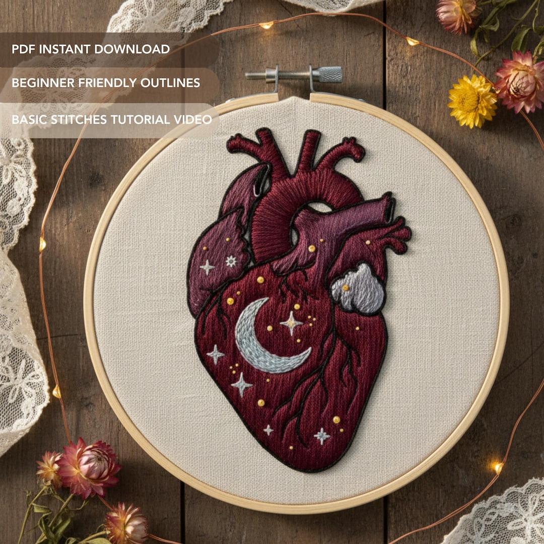 Celestial Human Heart Embroidery Pattern | Anatomical Gothic Hand ...