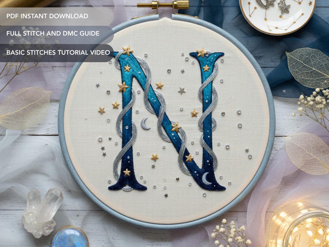 Celestial Letter N Embroidery Pattern | Moon and Stars Alphabet Hand ...