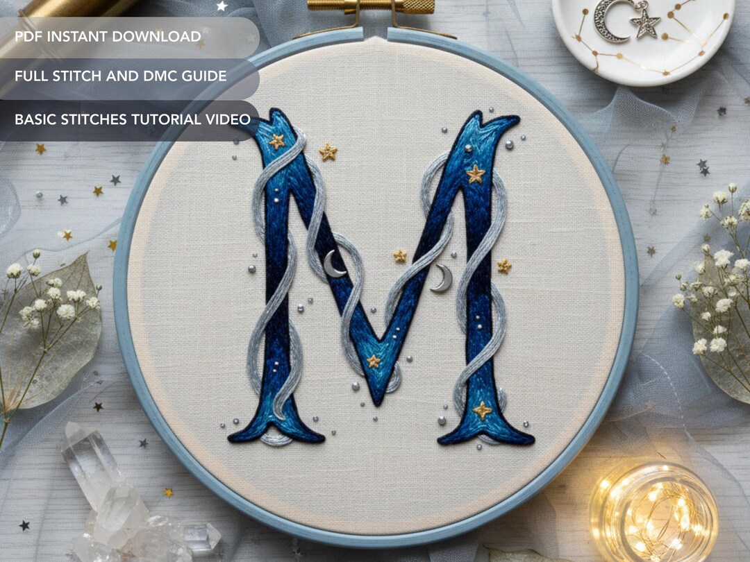 Celestial Letter M Embroidery Pattern | Moon and Stars Alphabet Hand ...