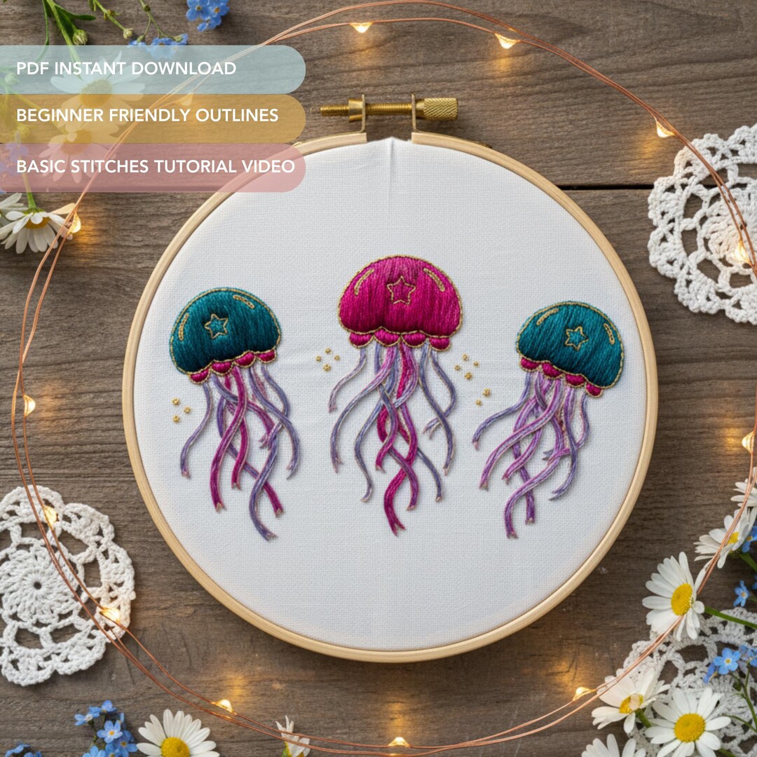 Jellyfish Embroidery Pattern (no Stitch Guide), Sea Creatures Hand ...