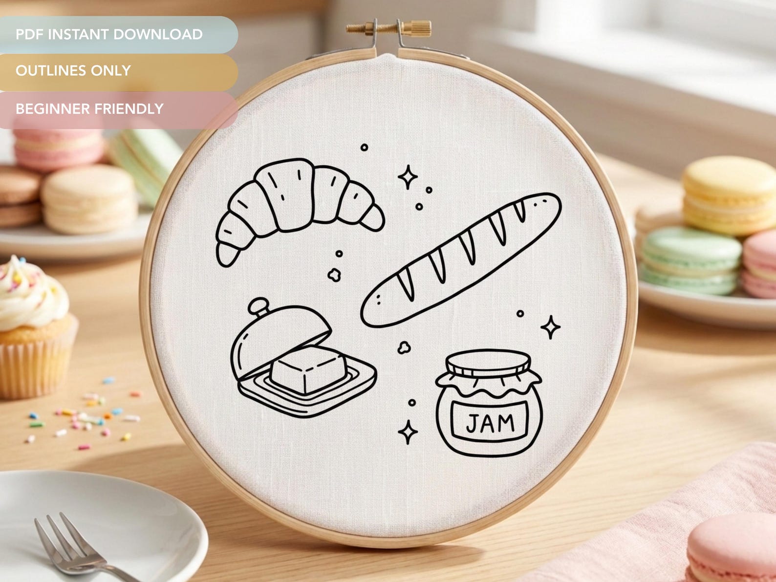French Bakery Embroidery Pattern | Croissant Baguette Butter Hand ...