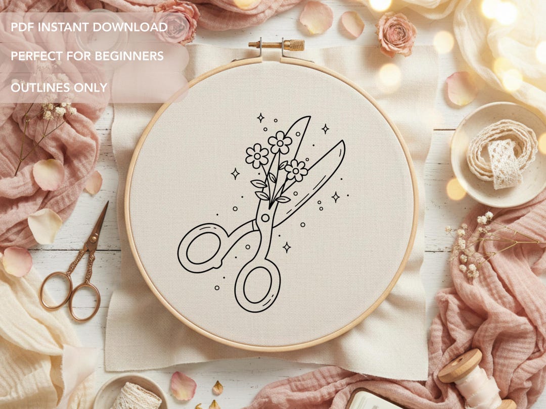 Floral Scissors Embroidery Pattern PDF | Beginner Hand Embroidery ...
