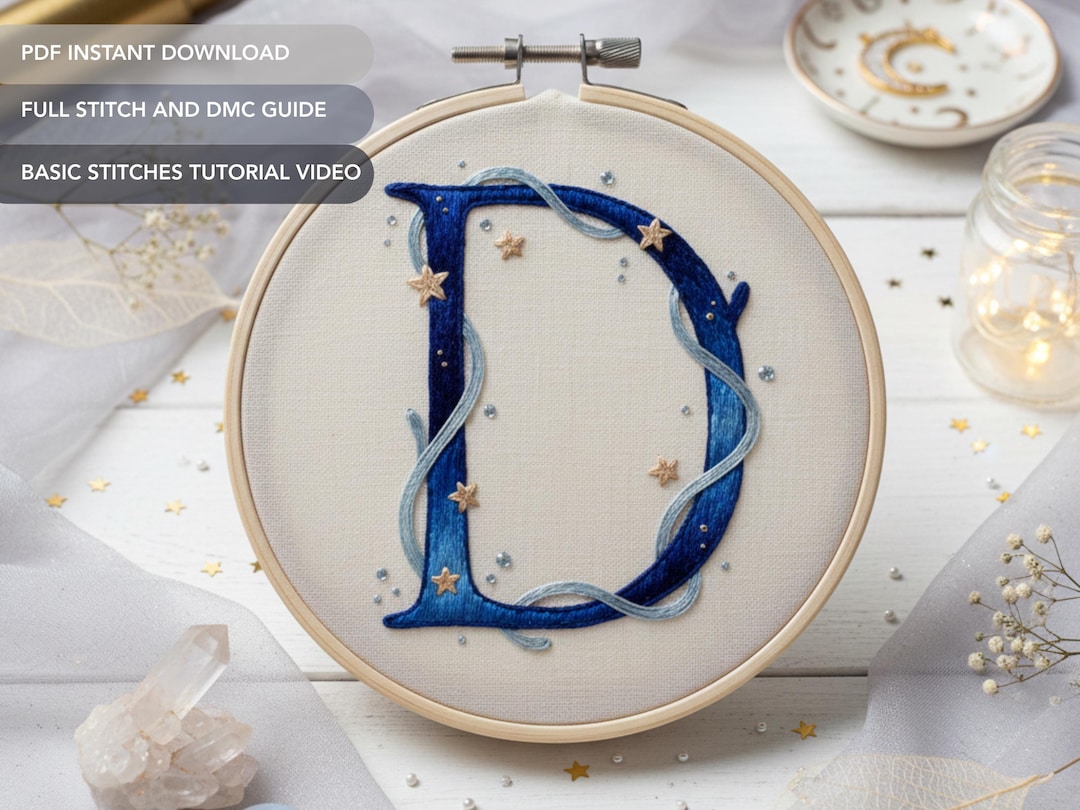 Celestial Letter D Embroidery Pattern | Moon and Stars Alphabet Hand ...