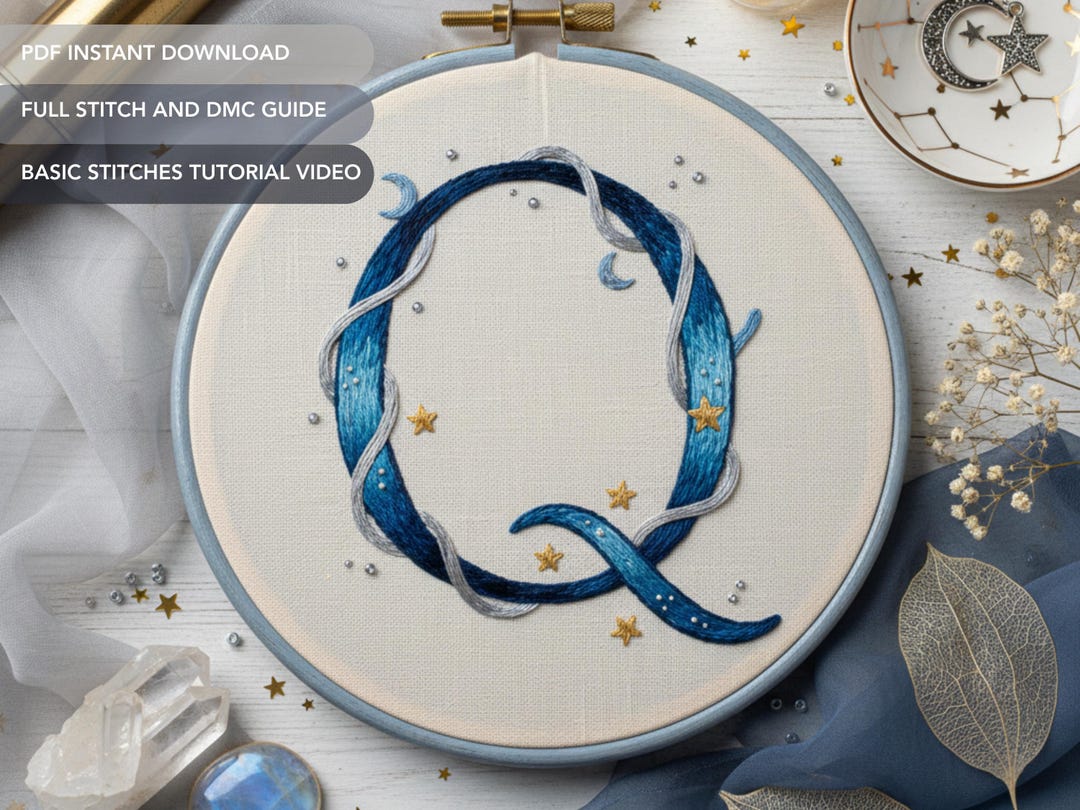 Celestial Letter Q Embroidery Pattern | Moon and Stars Alphabet Hand ...
