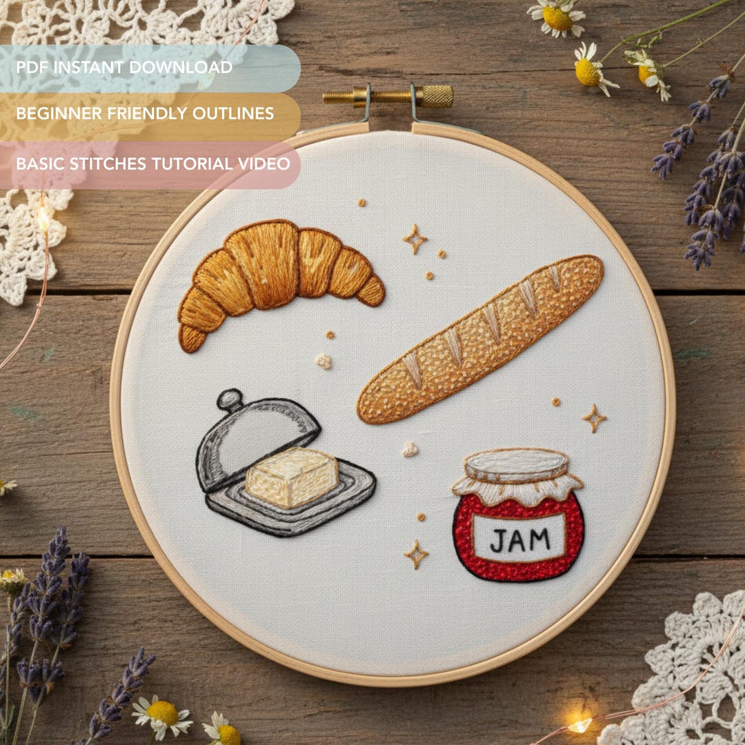 French Bakery Embroidery Pattern | Croissant Baguette Butter Hand ...