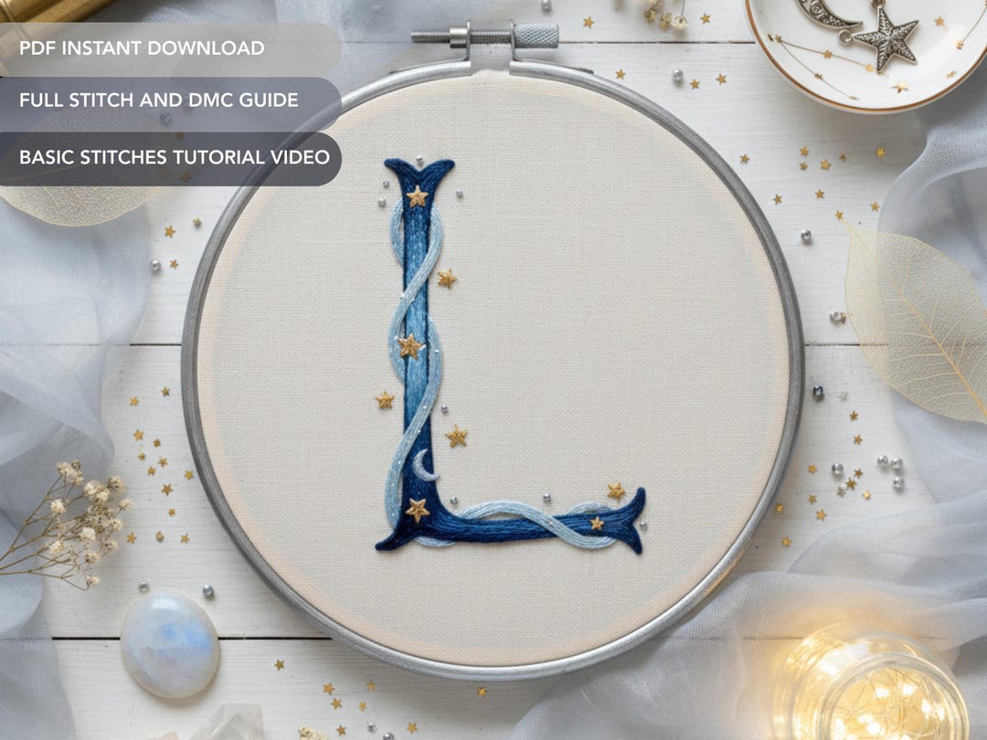 Celestial Letter L Embroidery Pattern | Moon and Stars Alphabet Hand ...
