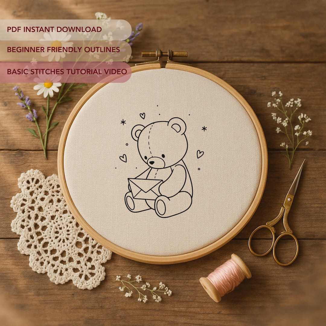 Teddy Bear Embroidery Pattern (NO STITCH GUIDE), Valentine Hand ...
