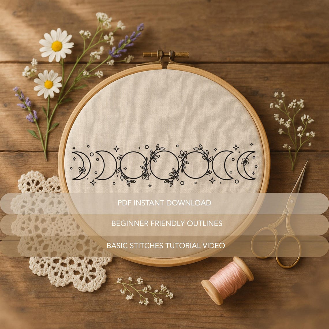 Moon Phases Embroidery Pattern | Floral Celestial Witchy Hand ...