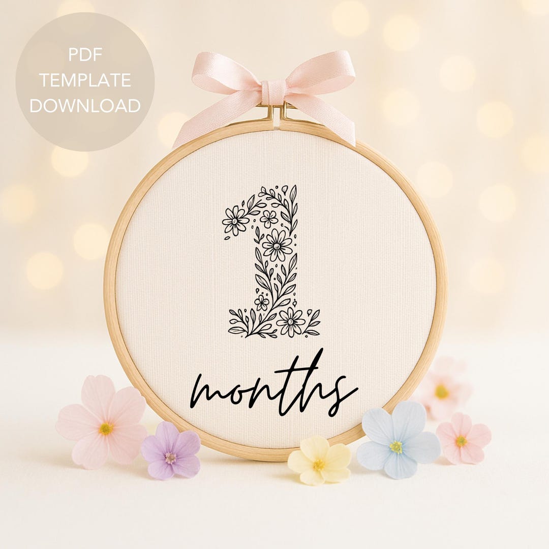 Floral Number 1 Embroidery Pattern: Baby Milestone Hoop Art (NO STITCH ...