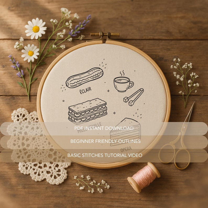 French Pastry Embroidery Pattern (no Stitch Guide) | Éclair Mille ...