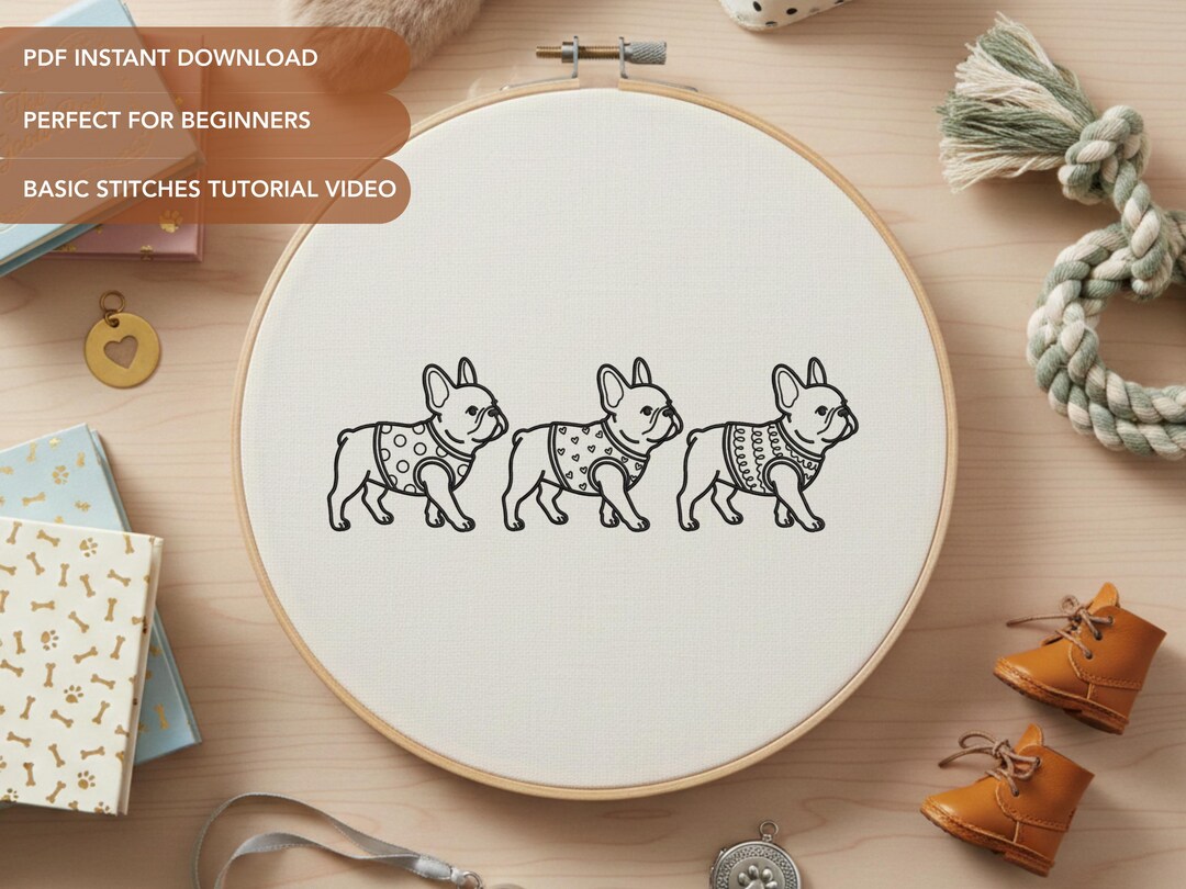 French Bulldogs Embroidery Pattern | Puppy in Sweater Hand Embroidery ...