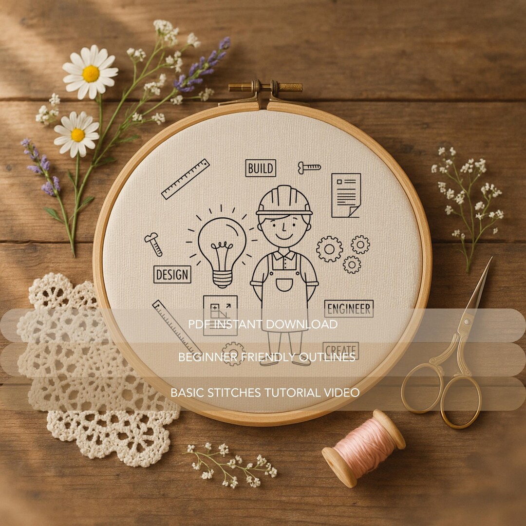 Engineer Embroidery Pattern (NO STITCH GUIDE) | Chibi Builder Hand ...