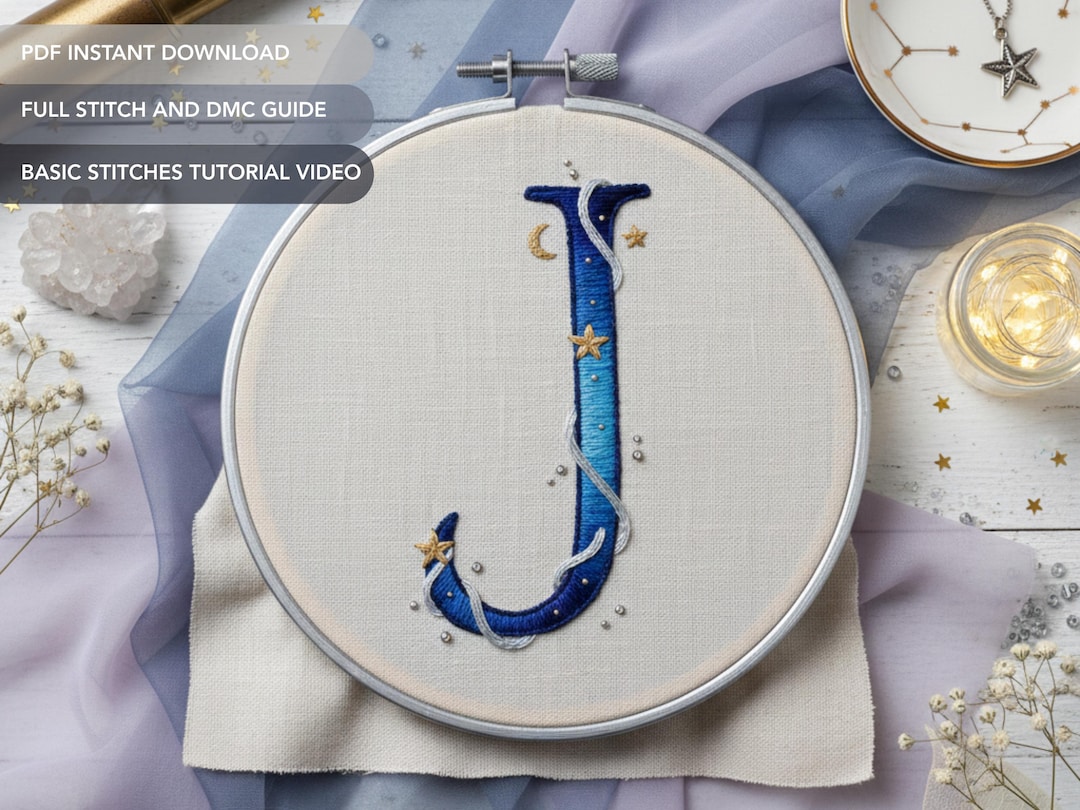 Celestial Letter J Embroidery Pattern | Moon and Stars Alphabet Hand ...