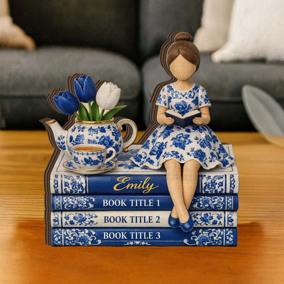 Personalized Wooden Block, Book Stack Reading Girl Figurine, Custom ...