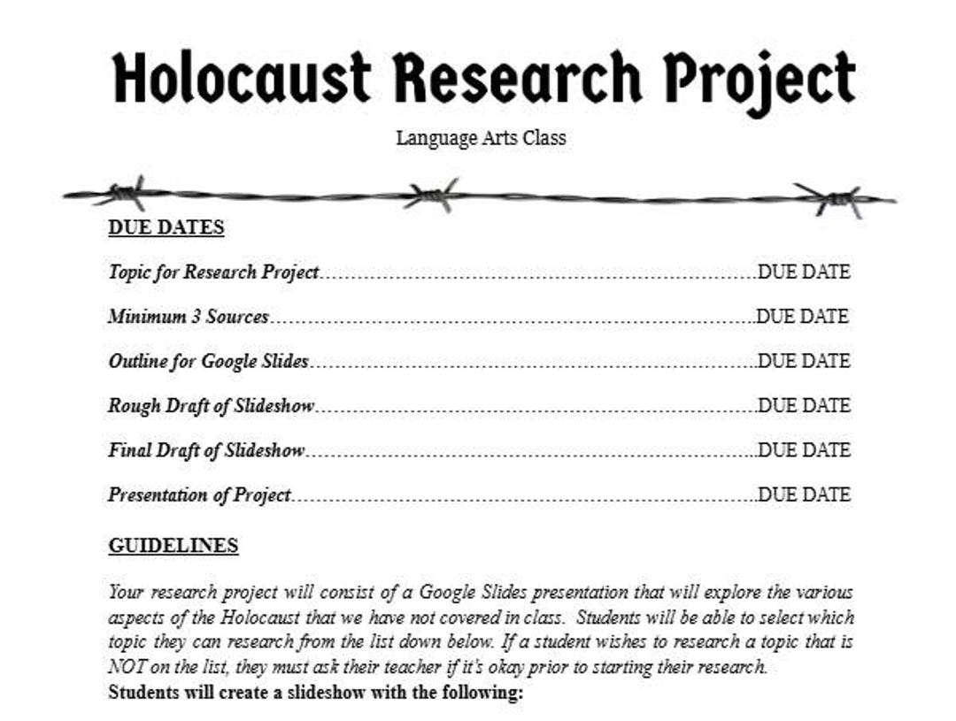 Holocaust Research Research Project Outline - Etsy